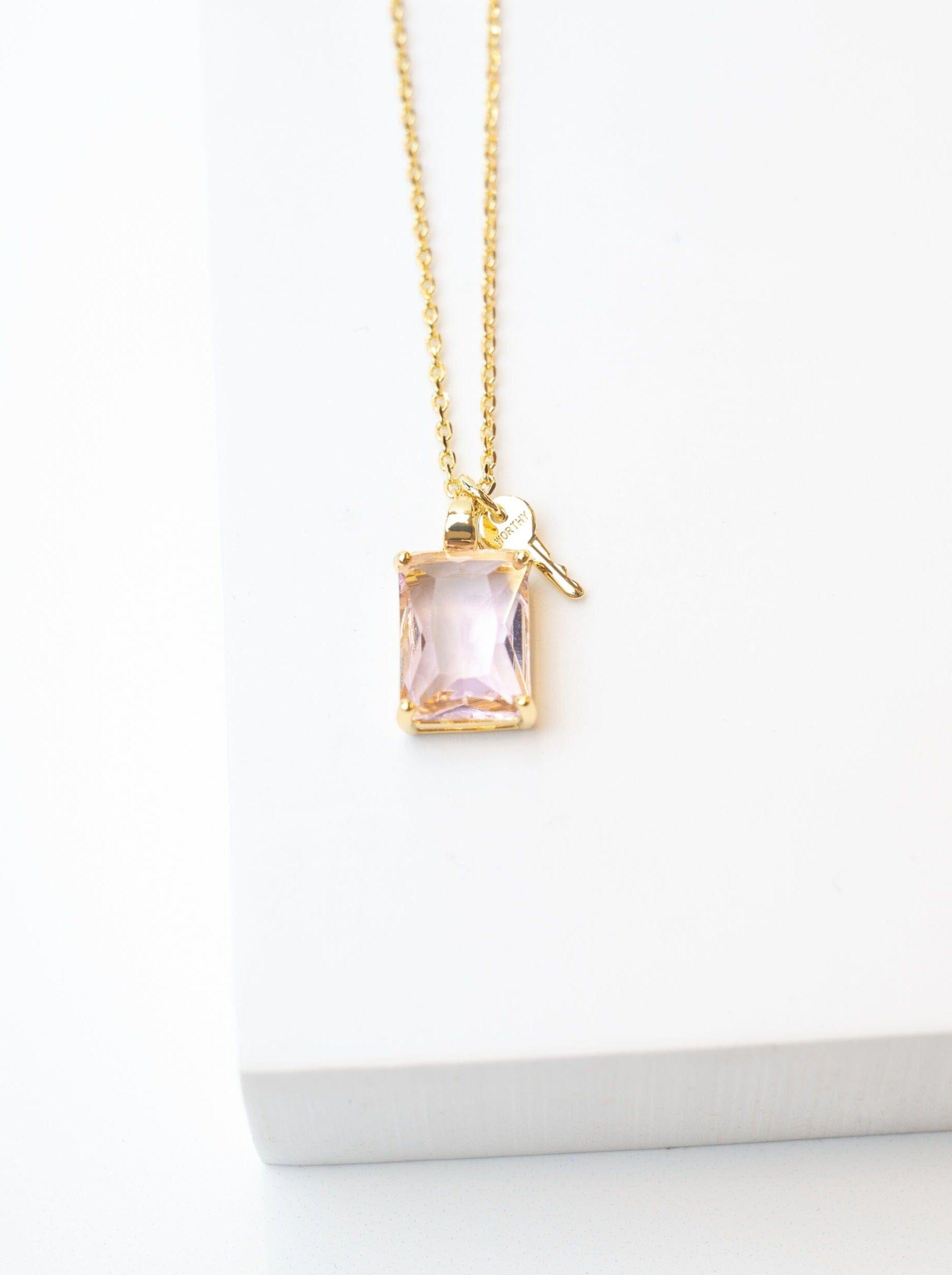 Gold Emerald Gemstone Key Necklace with Engravement | The Giving Keys