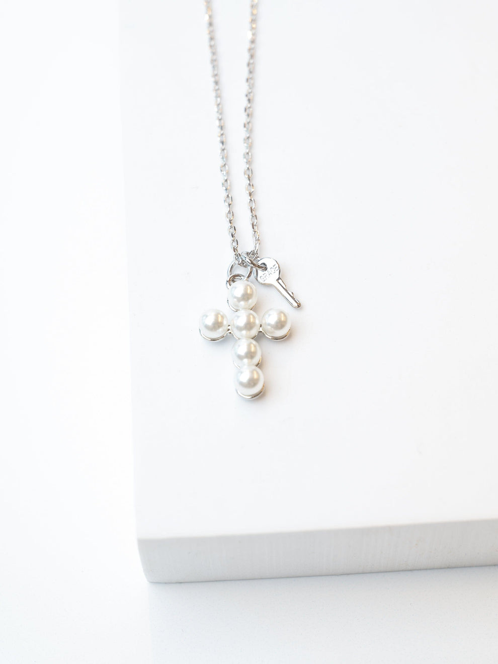 Pearl Cross and Mini Key Necklace with Engravement | The Giving Keys