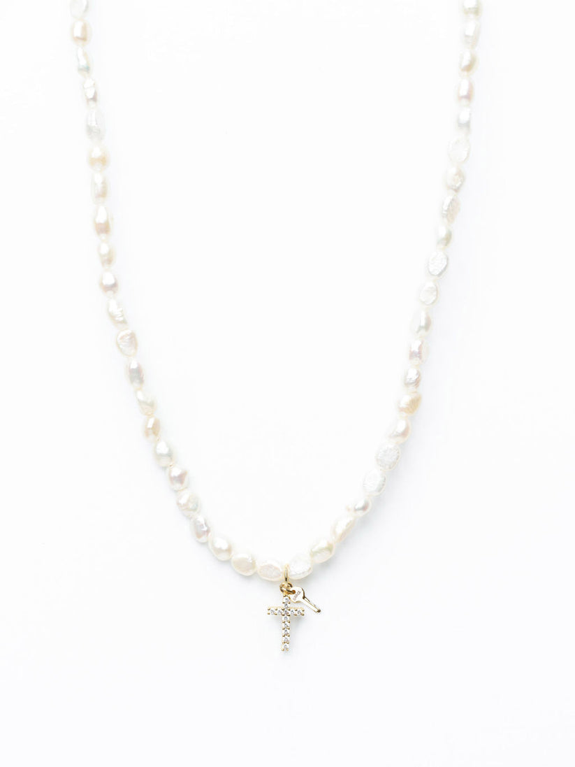 Engraved Freshwater Pearl & Pavé Cross Necklace | The Giving Keys